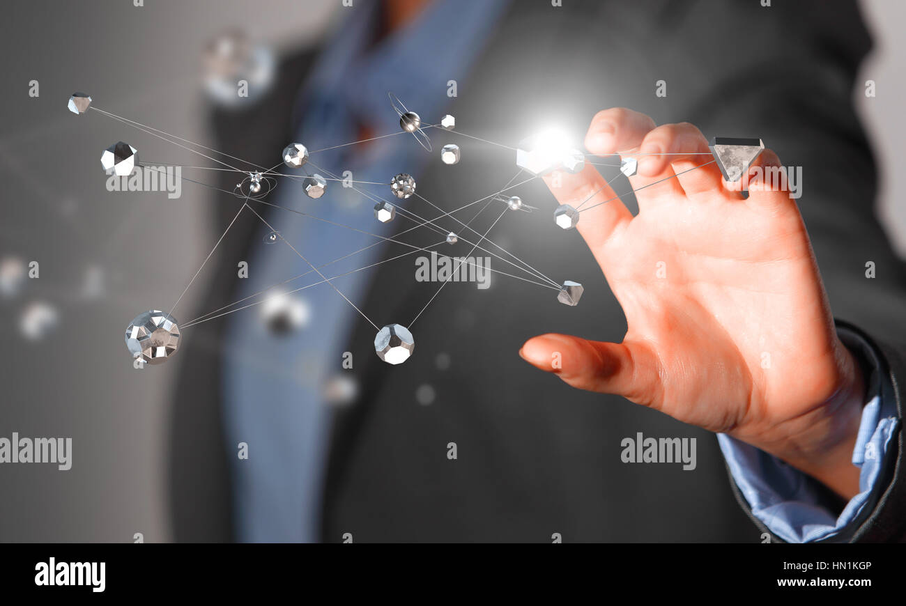 Businesswoman hand demonstrating digital connection lines in palm. 3D ...