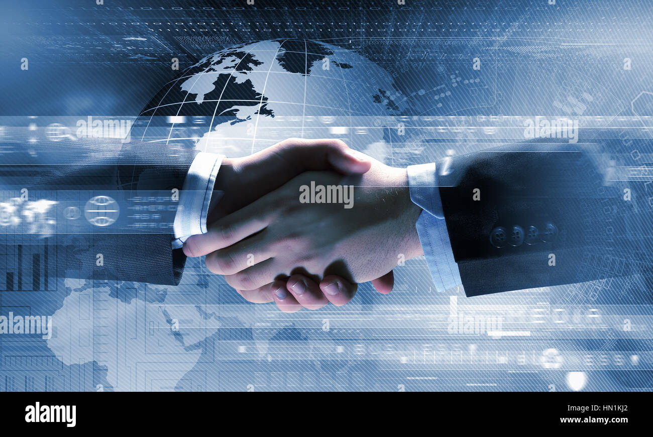 Business handshake against social network background. 3D rendering ...