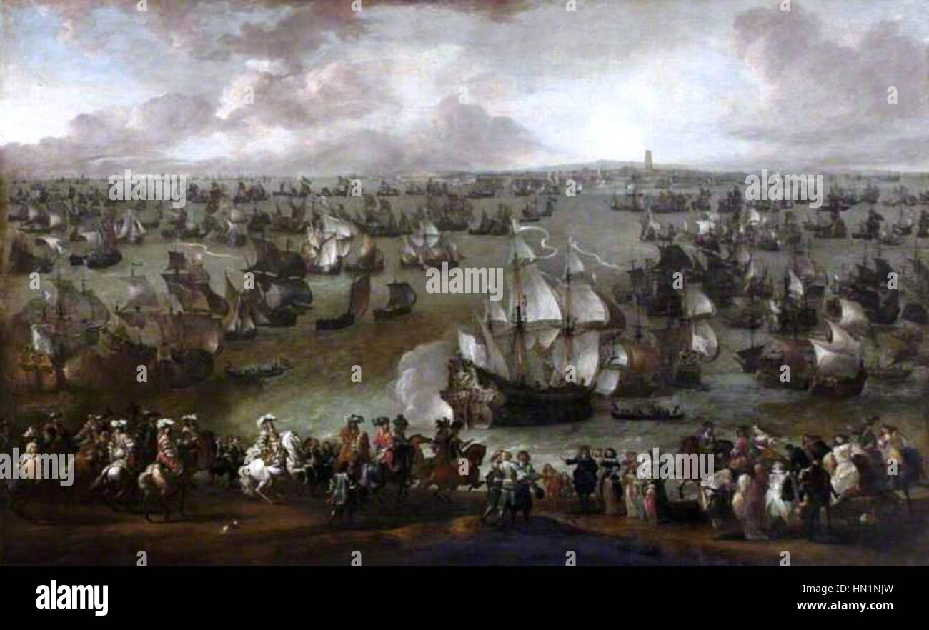 This painting depicts King Louis XIV reviewing his fleet in Dunkirk ...