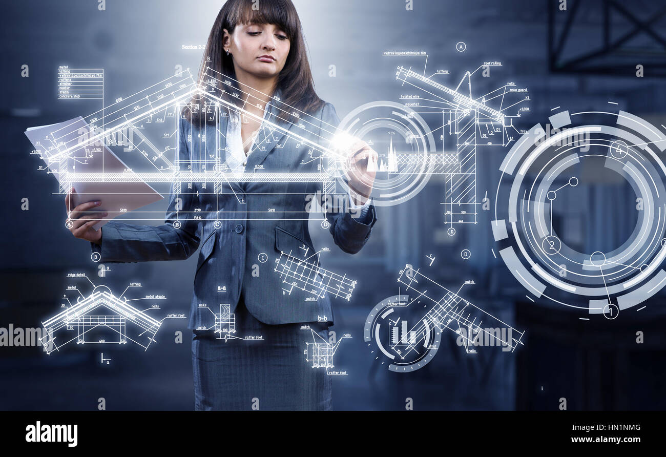 Chest view of businesswoman drawing infographs on screen mixed media hi ...