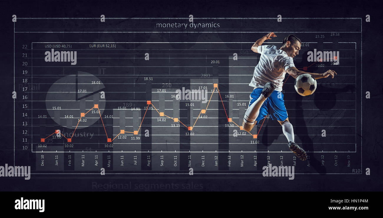 Football player kicking ball and graphs at background. Mixed media ...