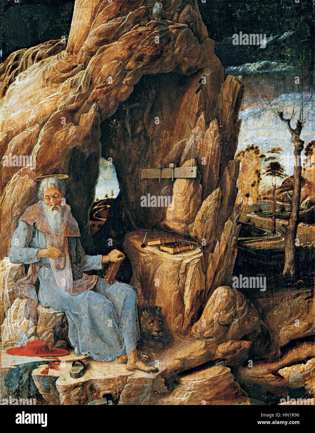 Mantegna's 'Sjeronimodeserto01' represents a religious or desert scene, likely inspired by the ...