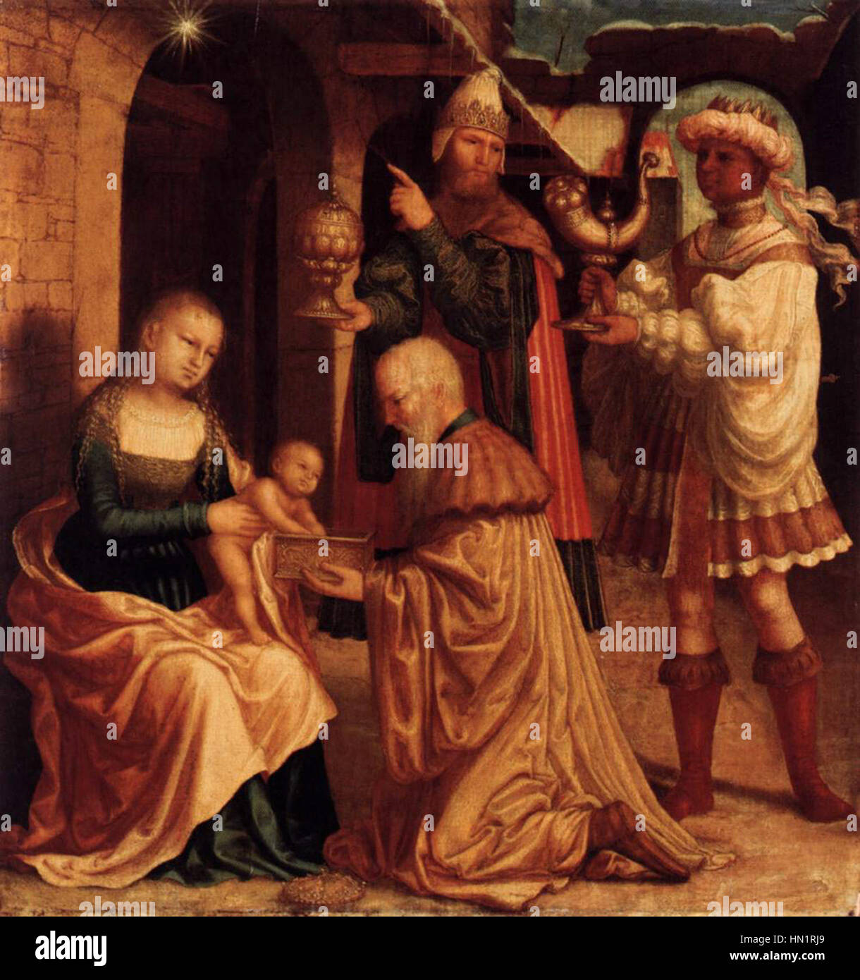The 'Adoration of the Magi' by the Master of AB Monogram depicts the Biblical scene of the three ...