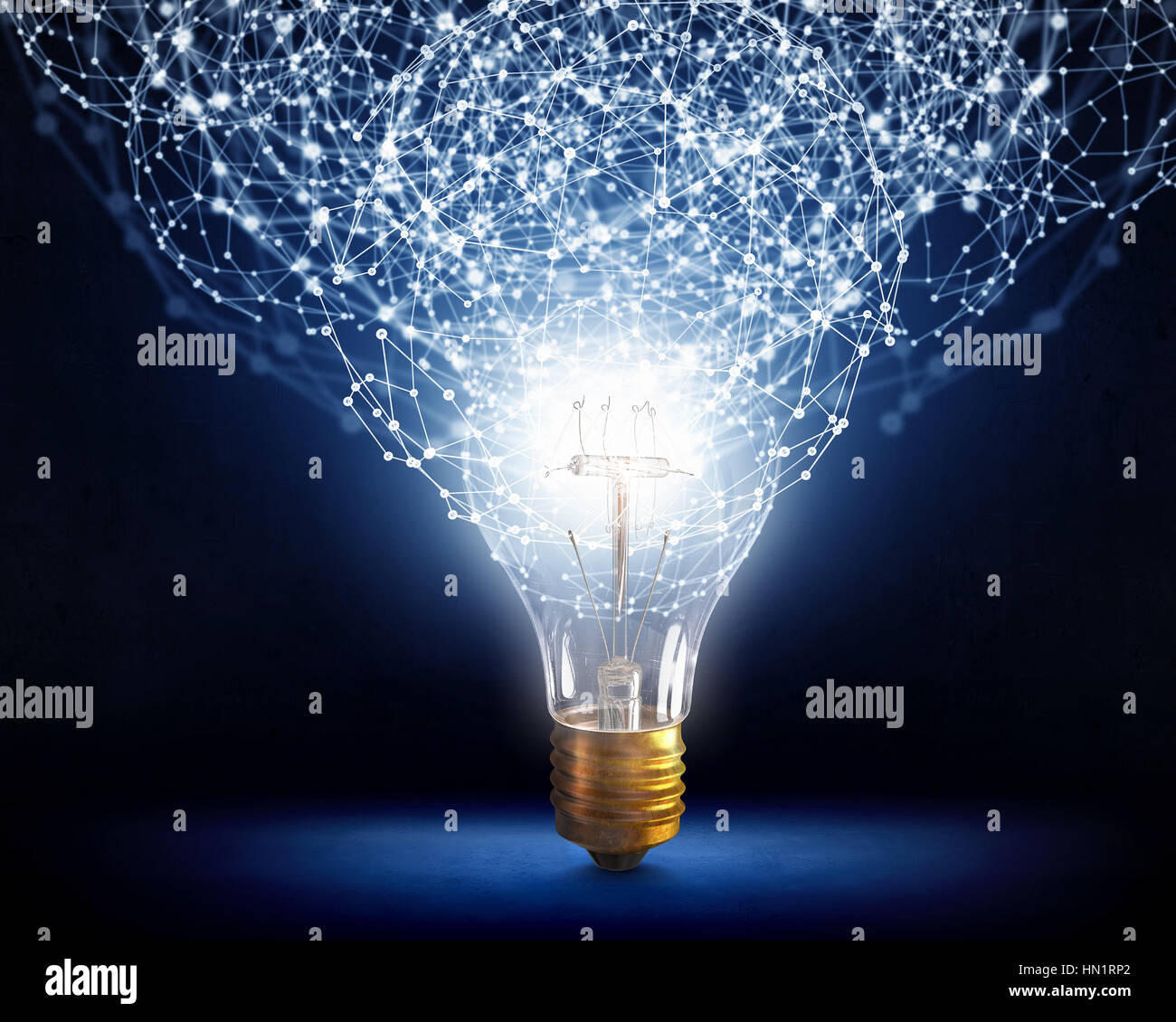 Glass glowing light bulb with connection concept on dark background. 3D ...