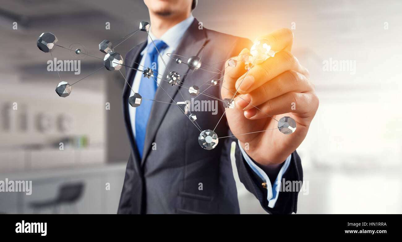 Businessman hand demonstrating digital connection lines in palm. 3D ...