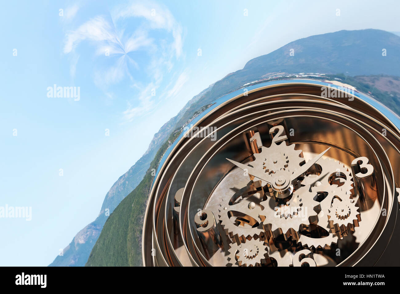 Time concept image with old clock mechanism against nature background ...