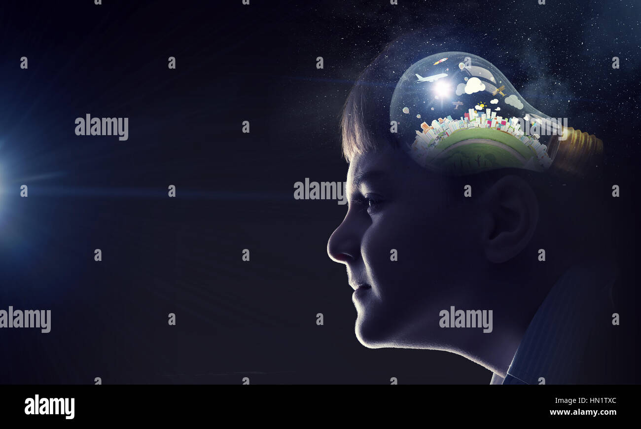 Profile of dreaming kid boy against night sky background Stock Photo ...