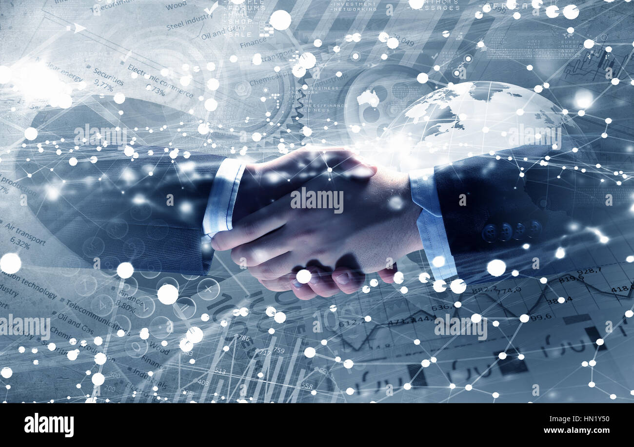 Business handshake against social network background. 3D rendering ...