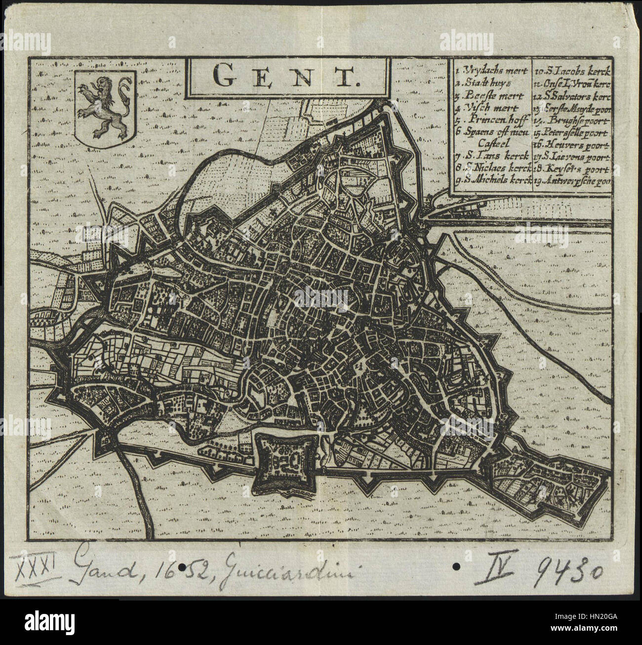 Map of Ghent by Guicciardini, 1652 Stock Photo - Alamy