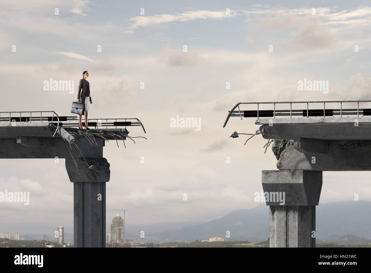 Businesswoman standing on edge of destructed bridge. Mixed media Stock ...