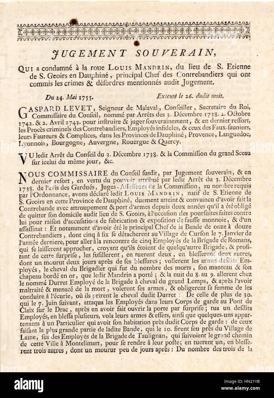 Louis Mandrin (1725-1755) Jugement souverain de 1755 Stock Photo - Alamy