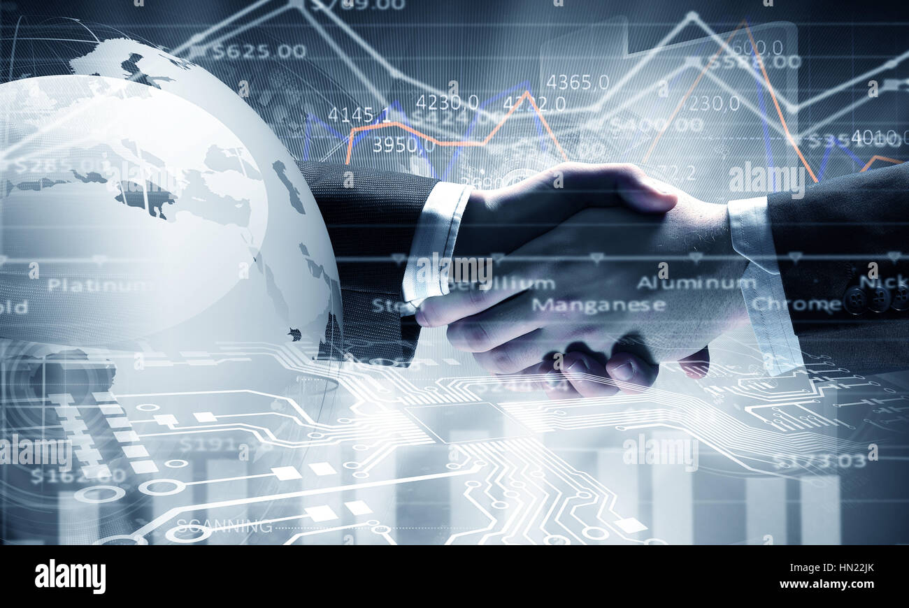 Business handshake against social network background. 3D rendering ...