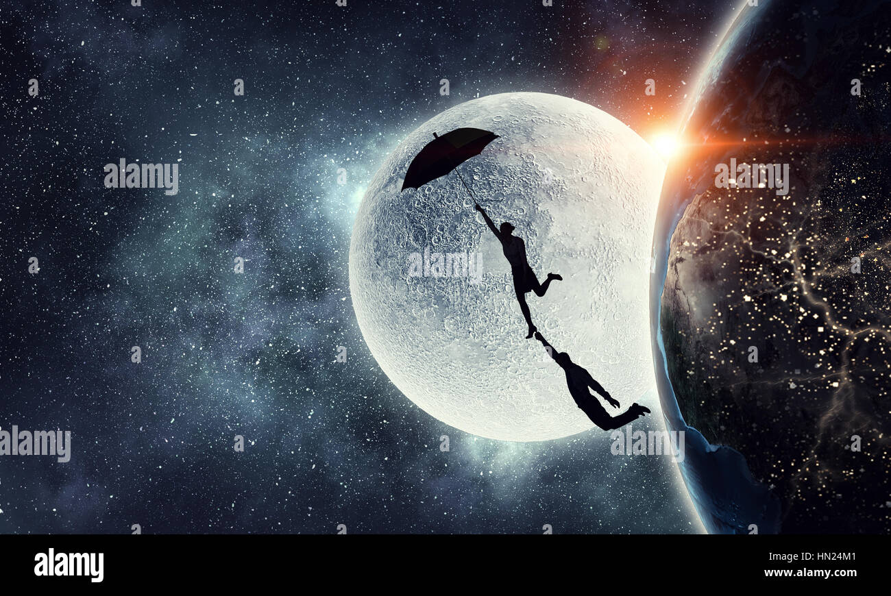 Young businesswoman flying in night sky with full moon. Elements of ...