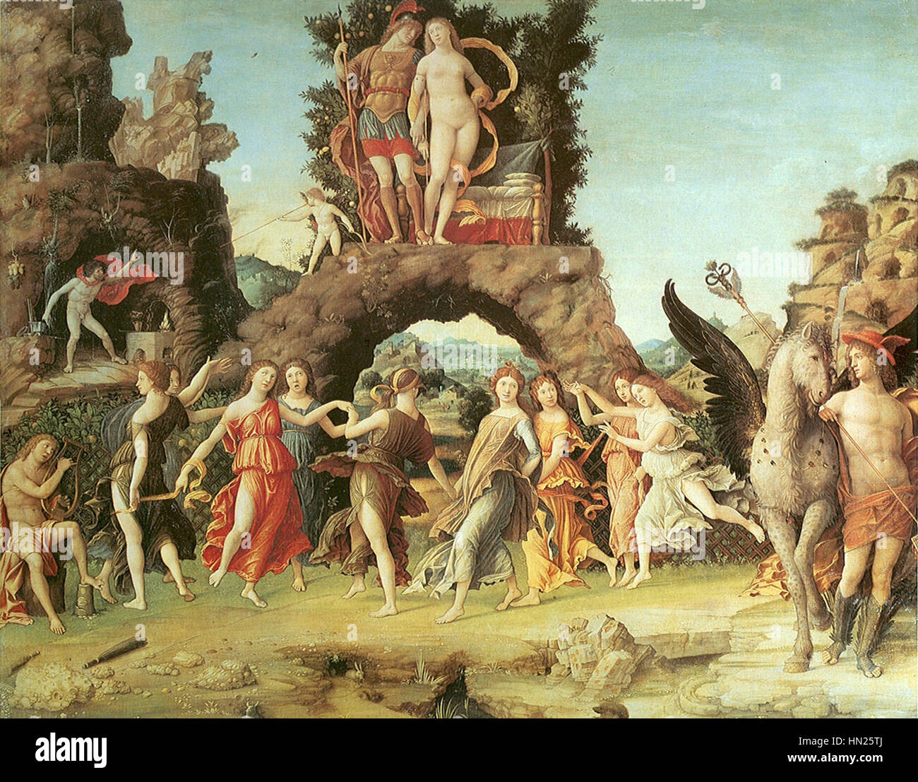 Andrea Mantegna’s 'Parnassus' is a fresco painting that portrays the Greek mythological scene of ...