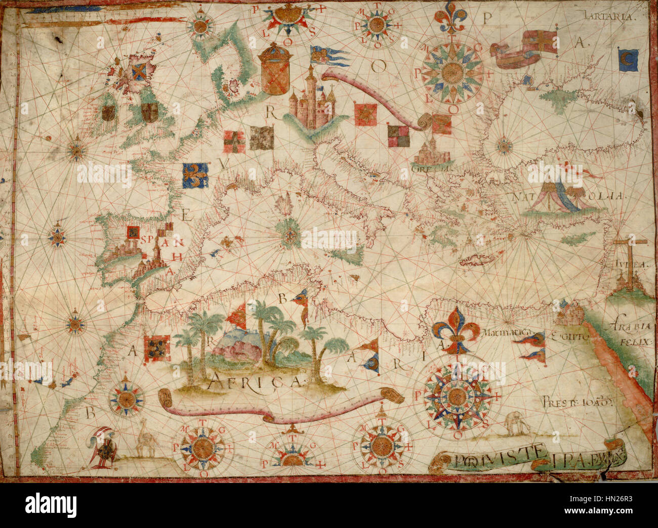 This nautical chart maps the Mediterranean area, incorporating parts of ...