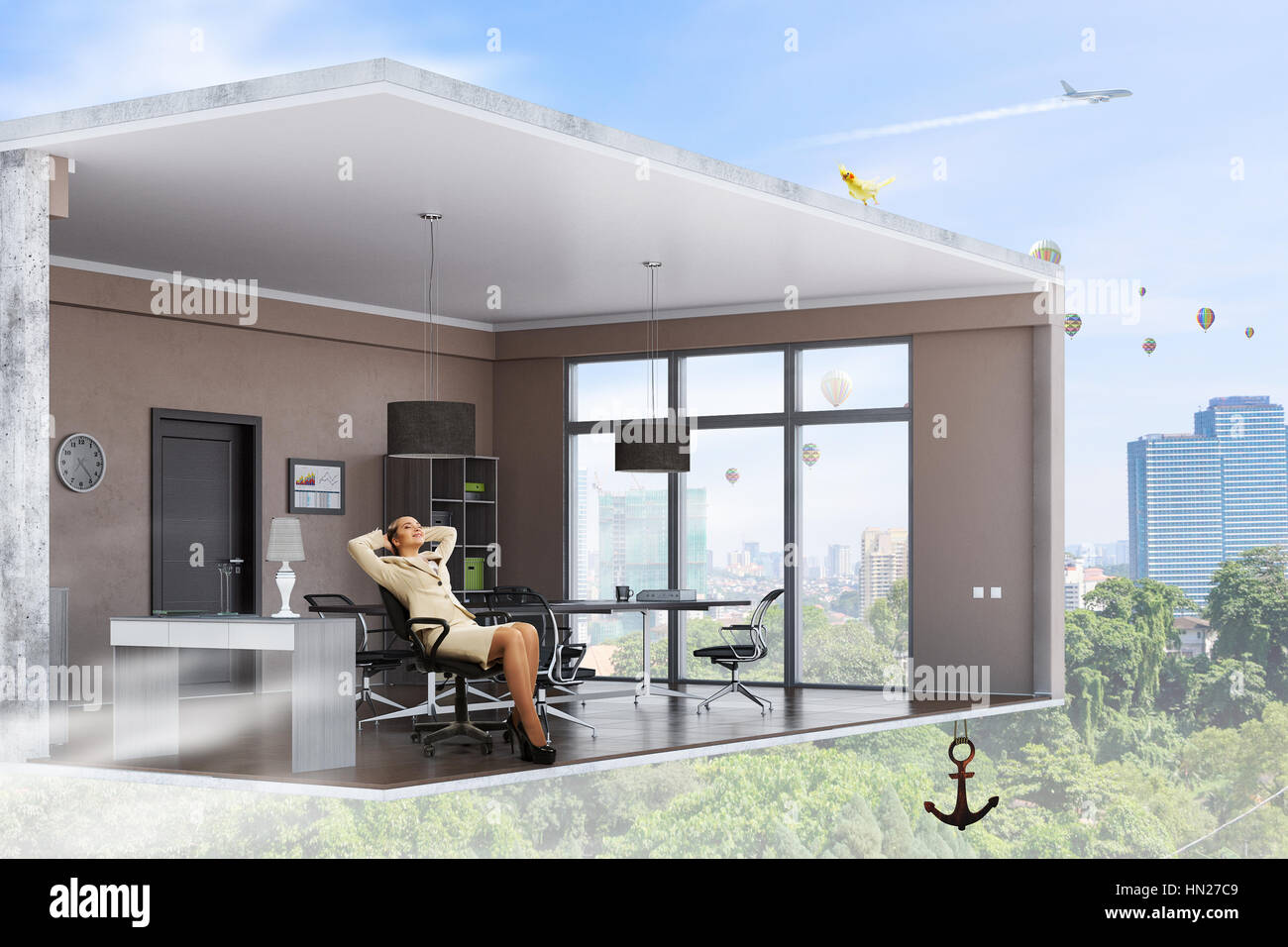 Modern interior design of room flying in air. Mixed media Stock Photo ...