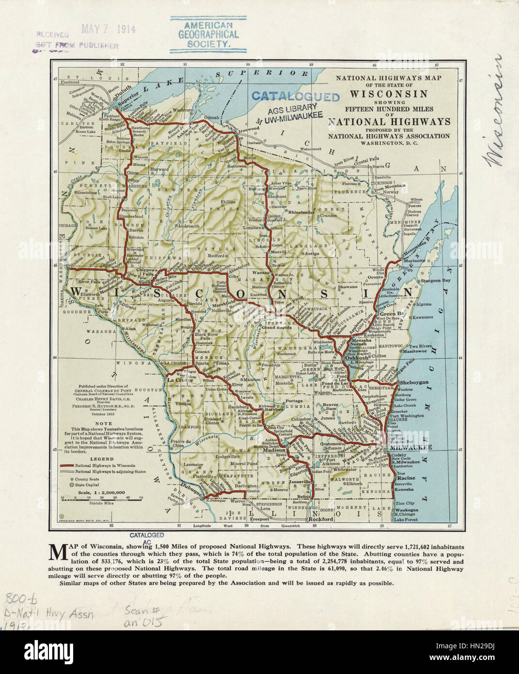 National Highways Map of the State of Wisconsin WDL11539 Stock Photo ...