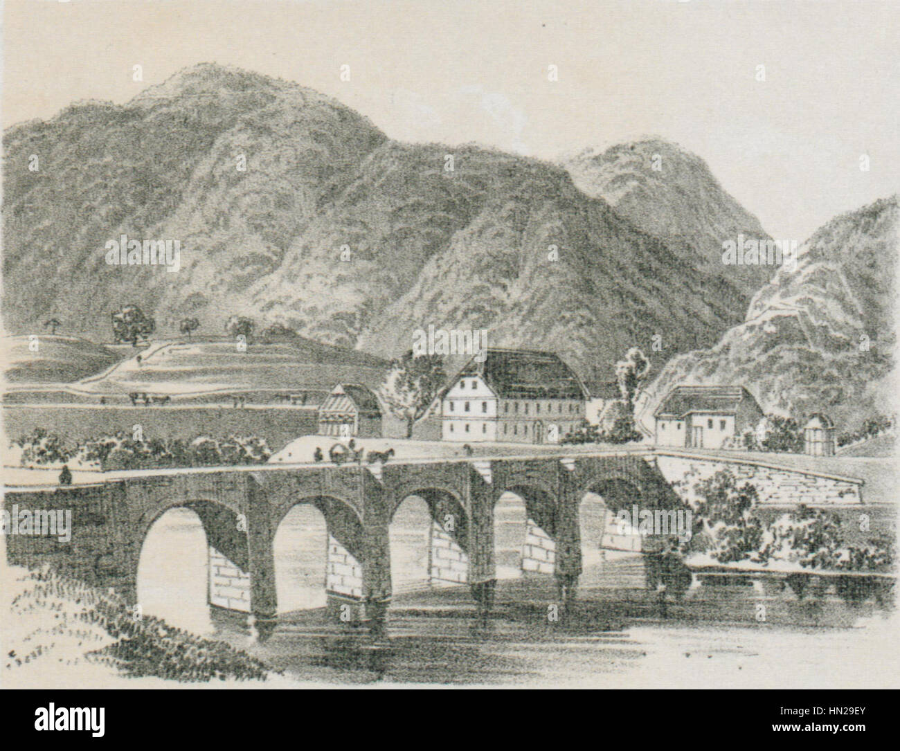 A lithograph from 1856 depicting the Roman baths at Rimskih Toplic ...