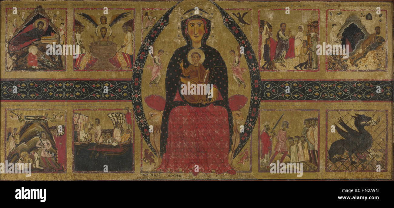This artwork depicts the Virgin Mary and Child enthroned, surrounded by ...