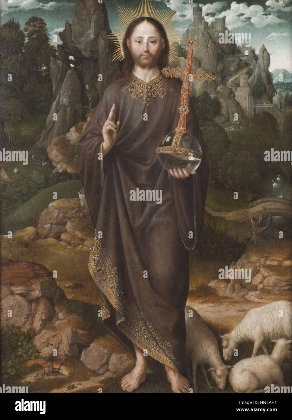 The painting 'Salvator Mundi in a Landscape' by the Master of the Mansi Magdalene shows Christ ...