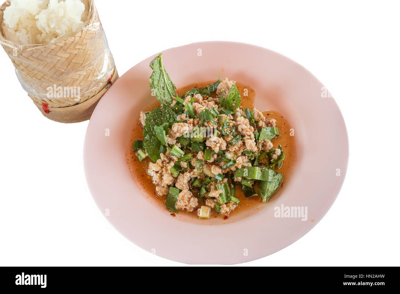 Thai food; Lab-Moo; Chopped pork mix with Thai spicy curry; white ...