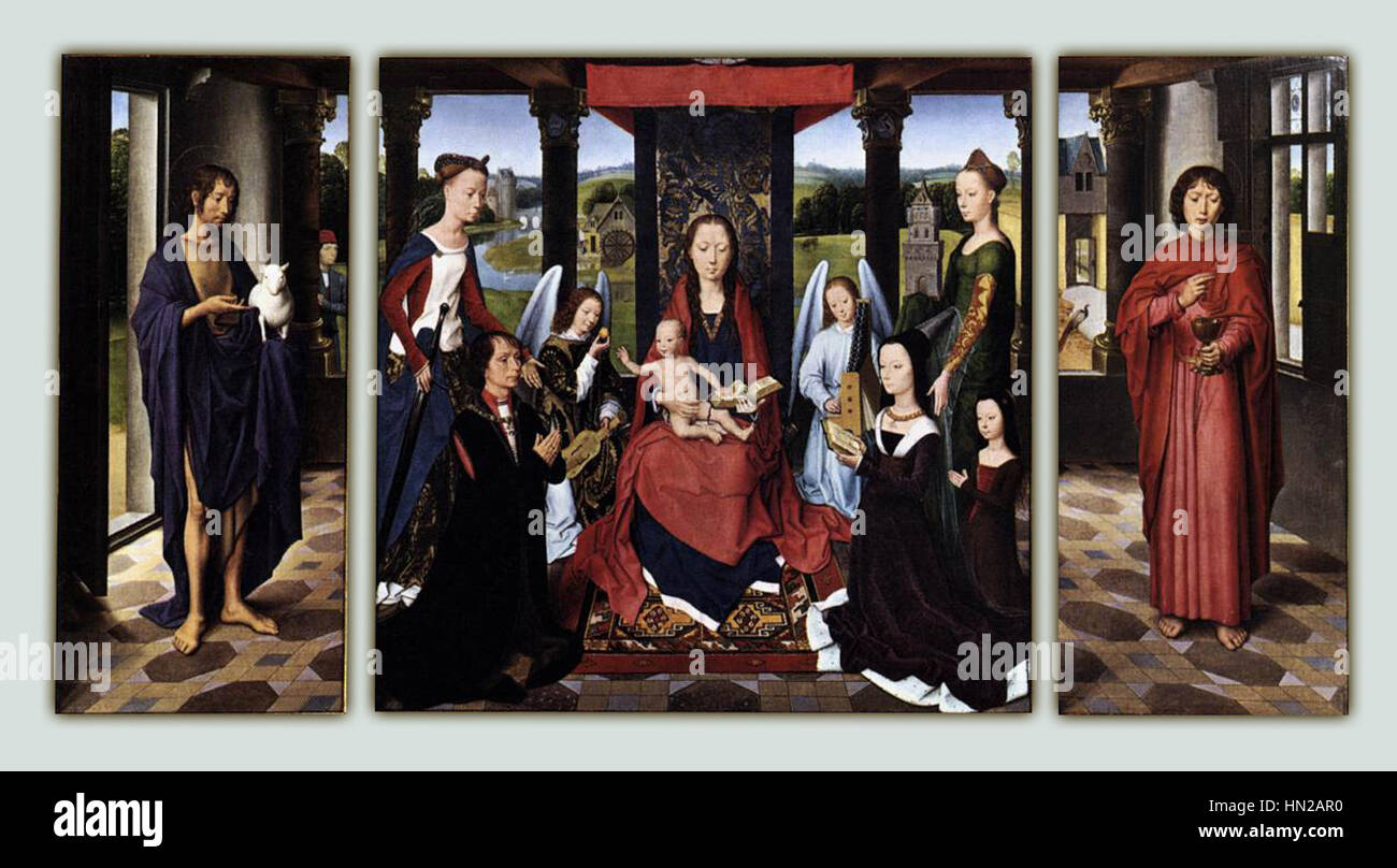 The ‘Trittico Donne’ by Hans Memling is a triptych painting, depicting religious figures with ...
