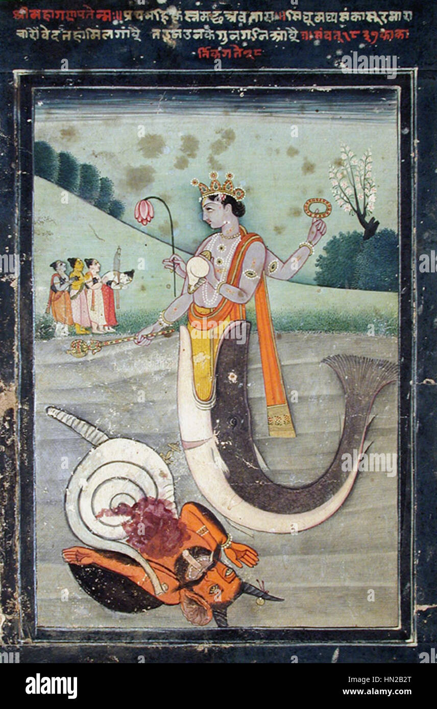 Matsya rescues the Vedas is a depiction of a story from Hindu mythology ...