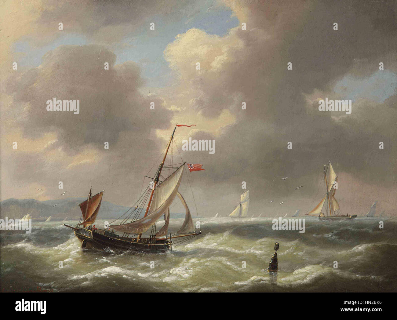 'Shipping on Rough Waters' by Louis Verboeckhoven depicts a maritime ...