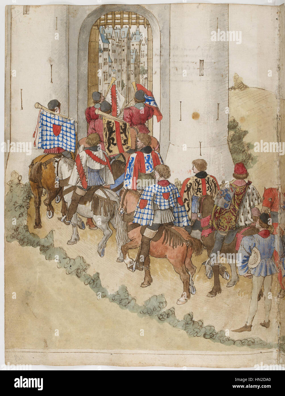 This miniature from a Book of Tournaments illustrates a chivalric scene ...