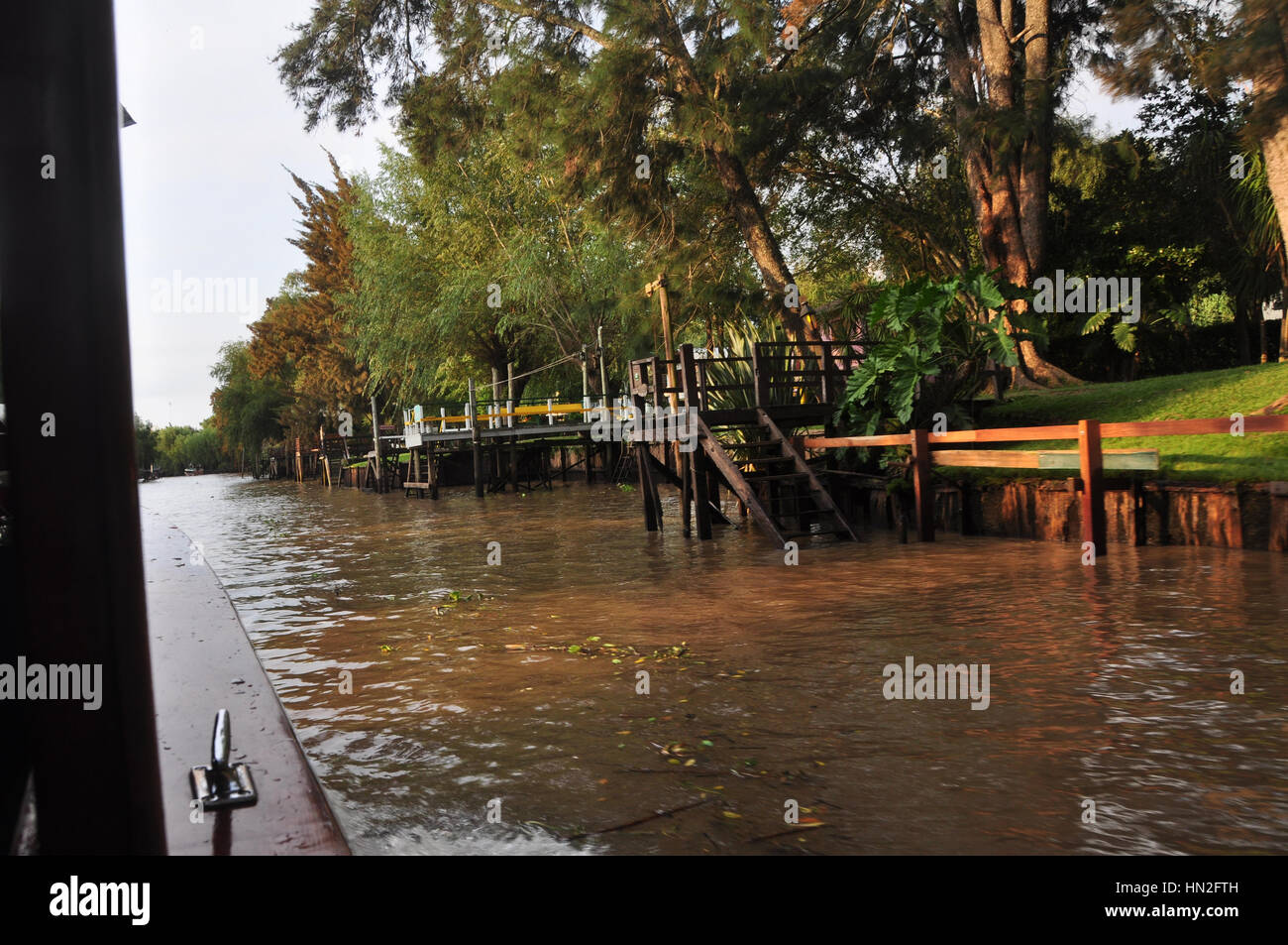 Tigre River delta wooden pier as seen from a boat in the water Stock ...