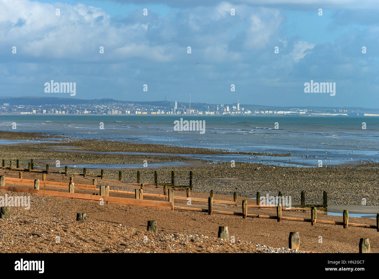 The view from Worthing beach across to Brighton and beyond Stock Photo ...