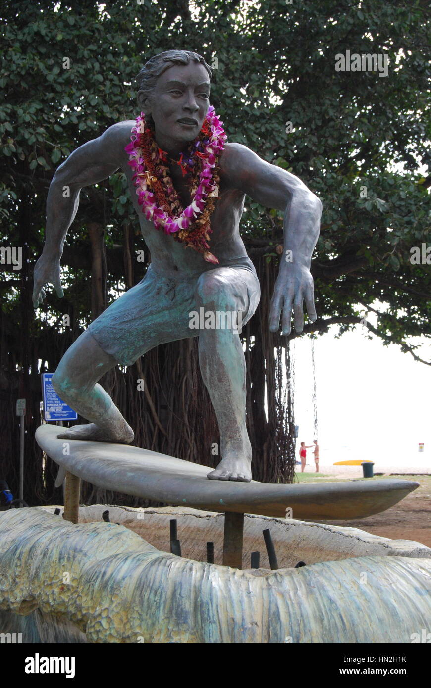 Hawaiian surf statue in Hawaii. Taken at Waikiki beach on the shoreline ...