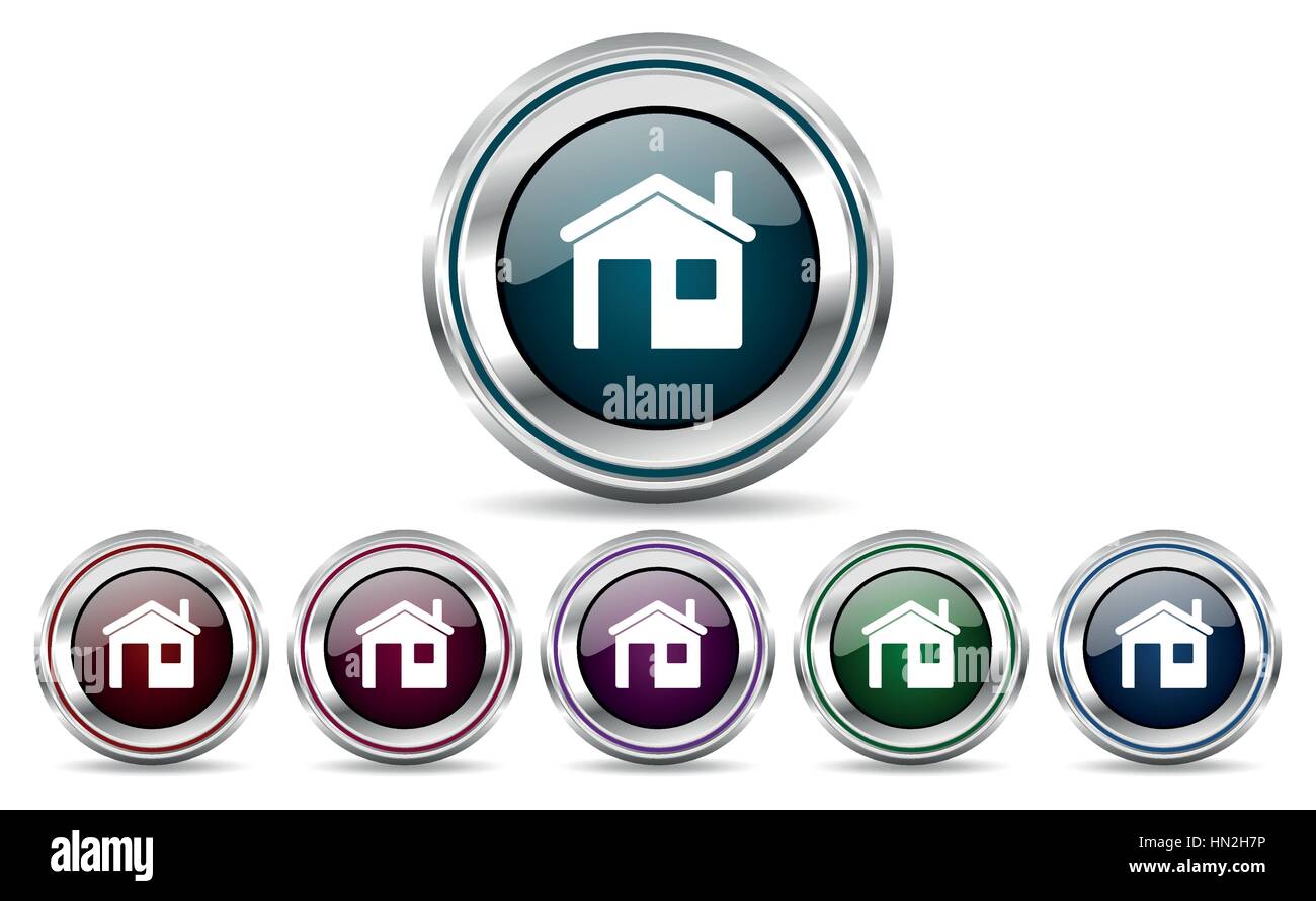 Home set of round silver metallic border vector icons on white ...