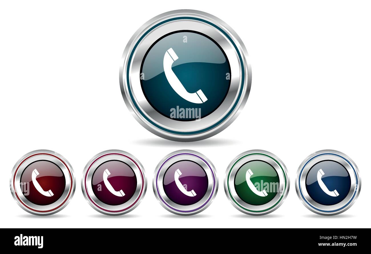 Phone set of round silver metallic border vector icons on white ...