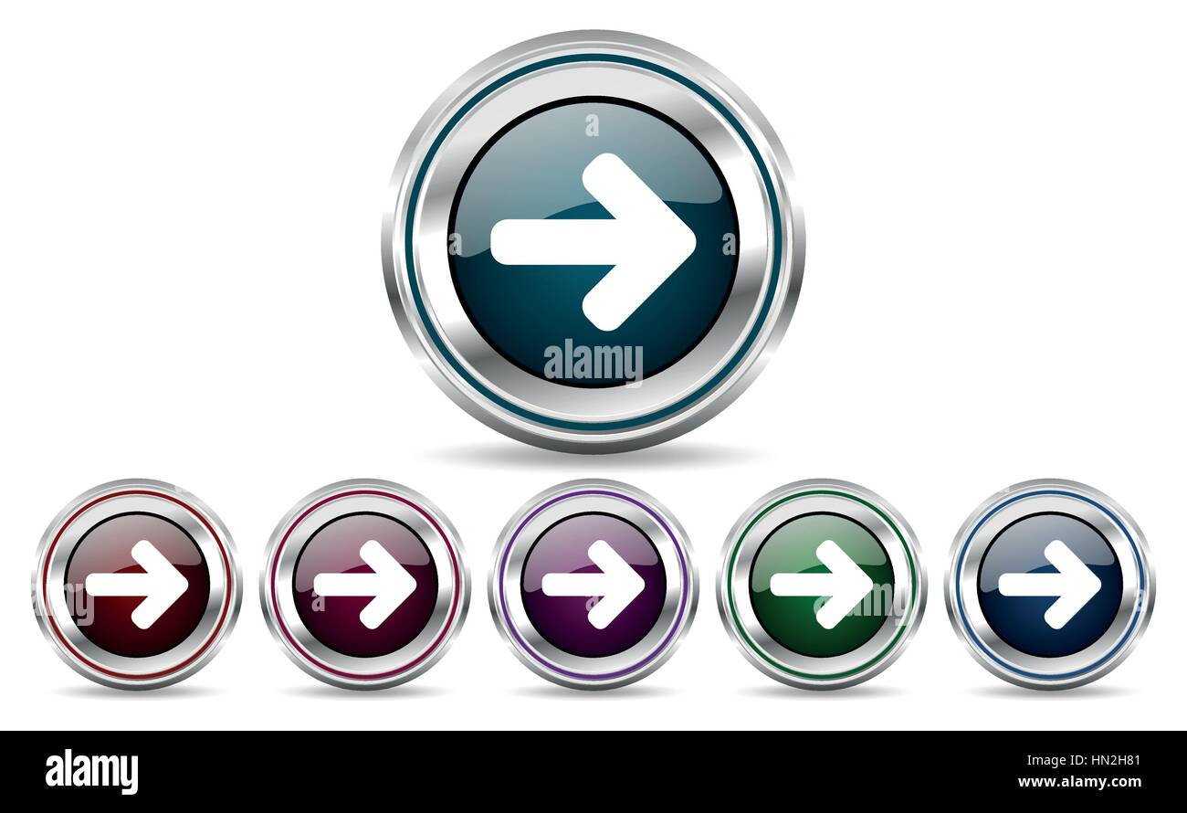 Arrow next set of round silver metallic border vector icons on white ...