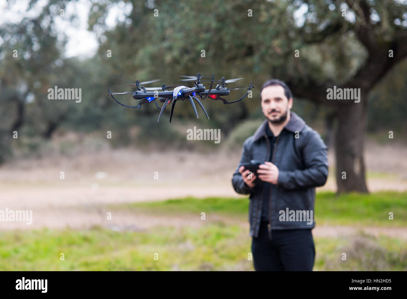 A man Operating The Drone By Remote Control In The Park Stock Photo - Alamy