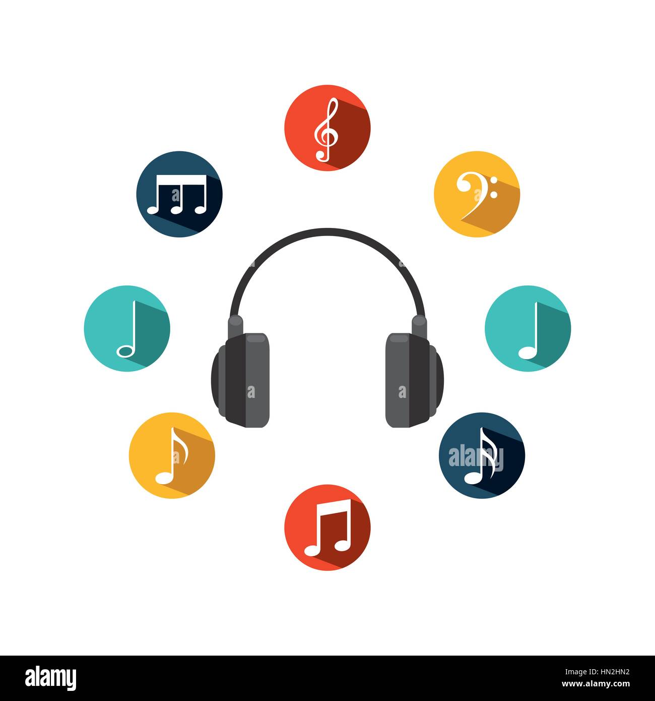 headphones with musical notes around over white background. colorful ...