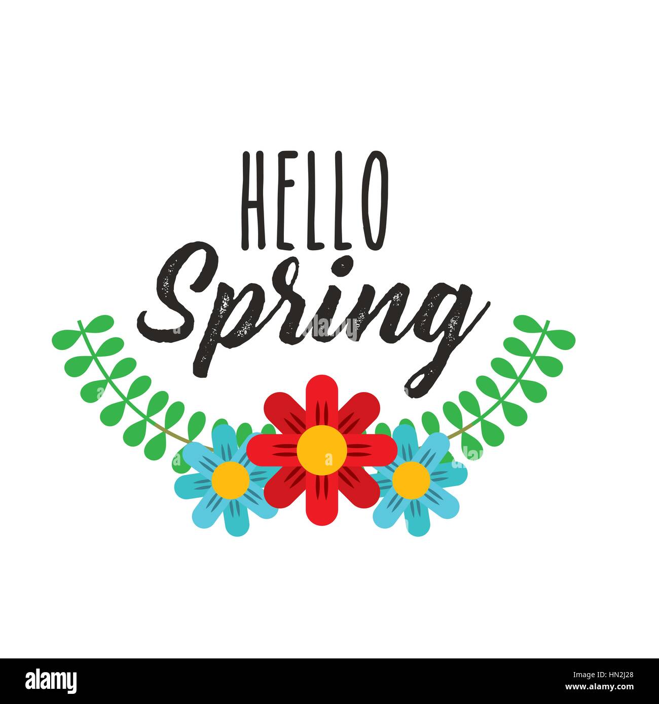 flowers and wreath of leaves over white background. spring season ...