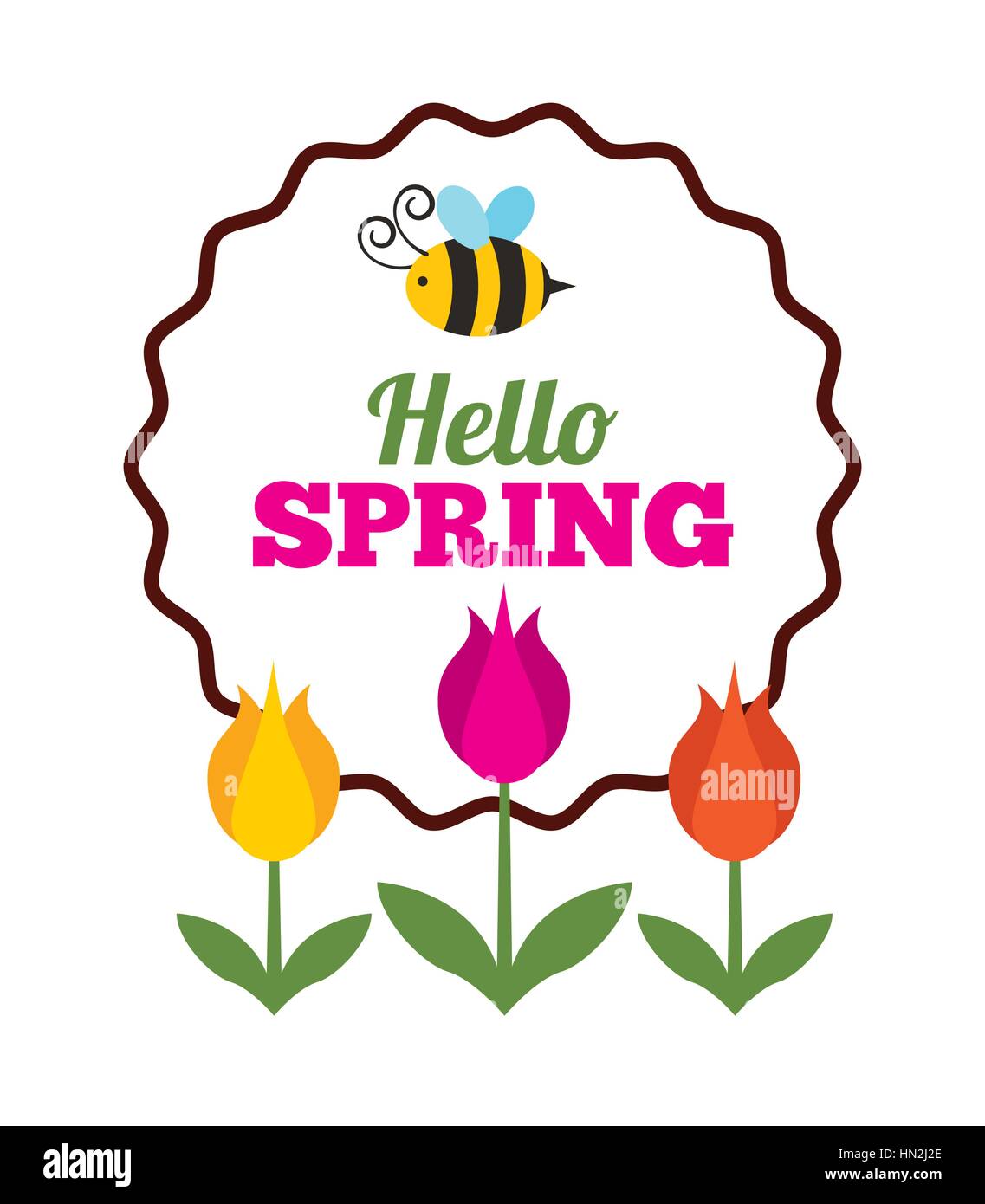 bee and beautiful flowers over white background. spring season concept ...