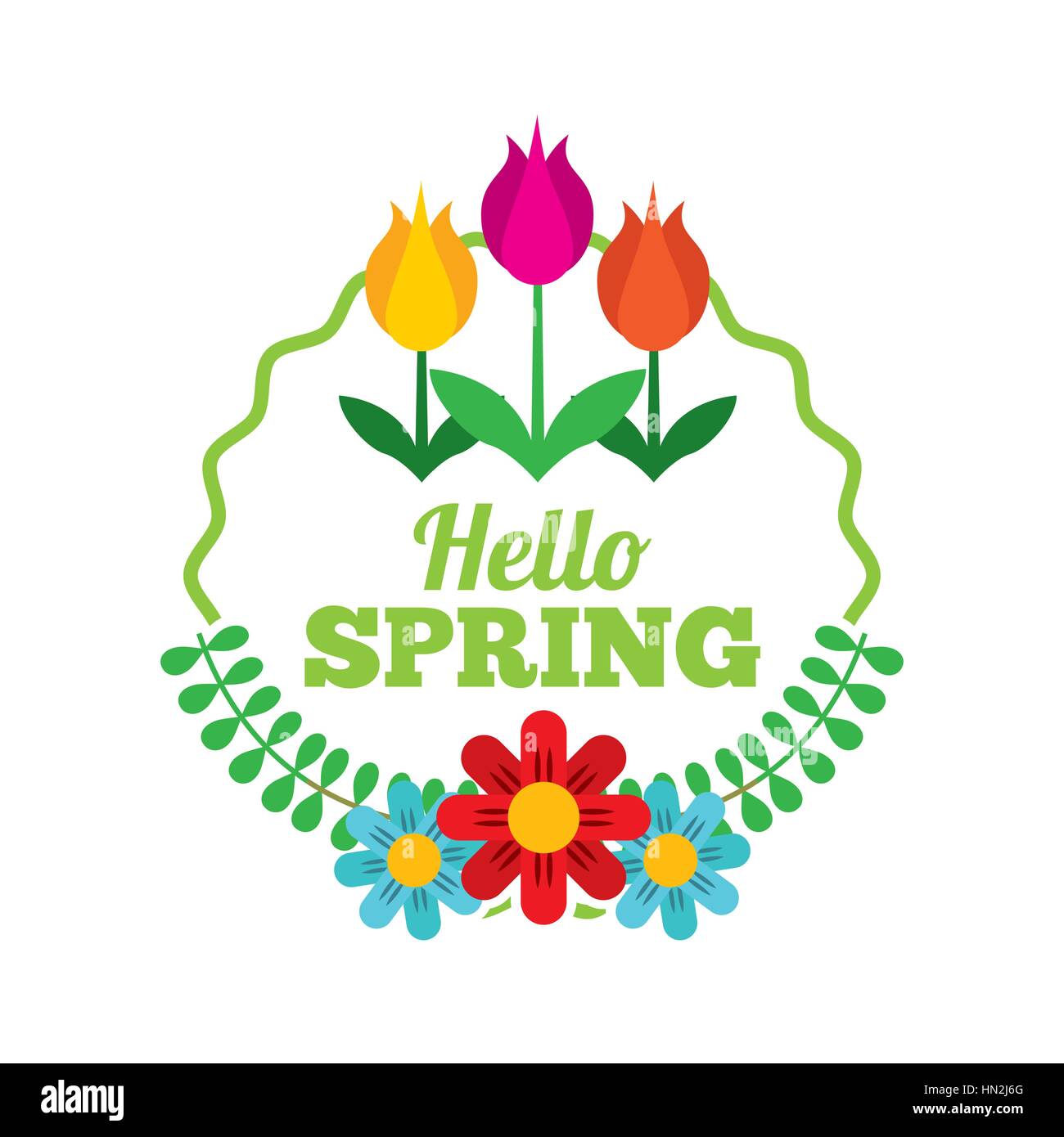 flowers and wreath of leaves over white background. spring season ...