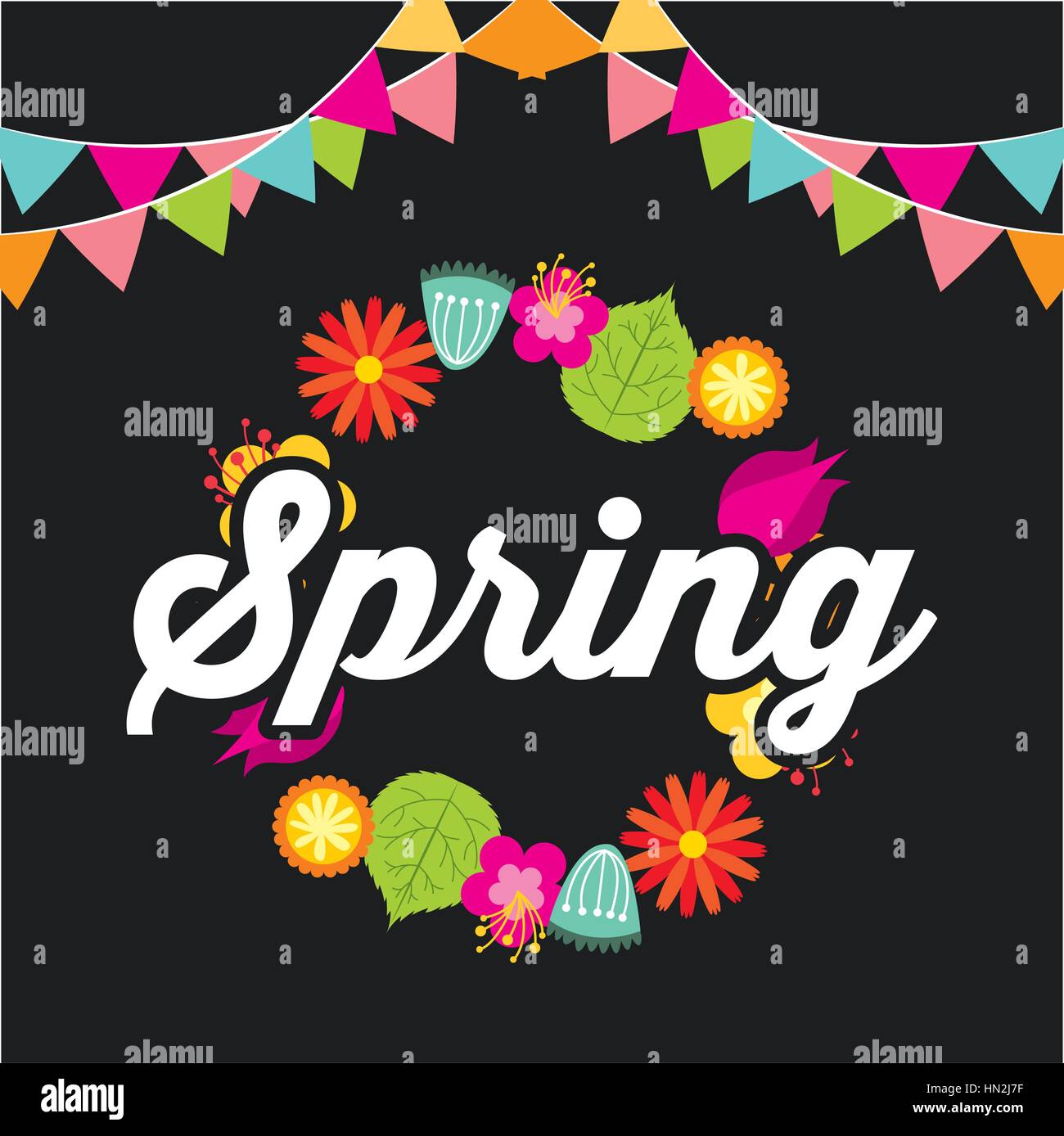 decorative pennants and wreath of flowers over black background. spring ...