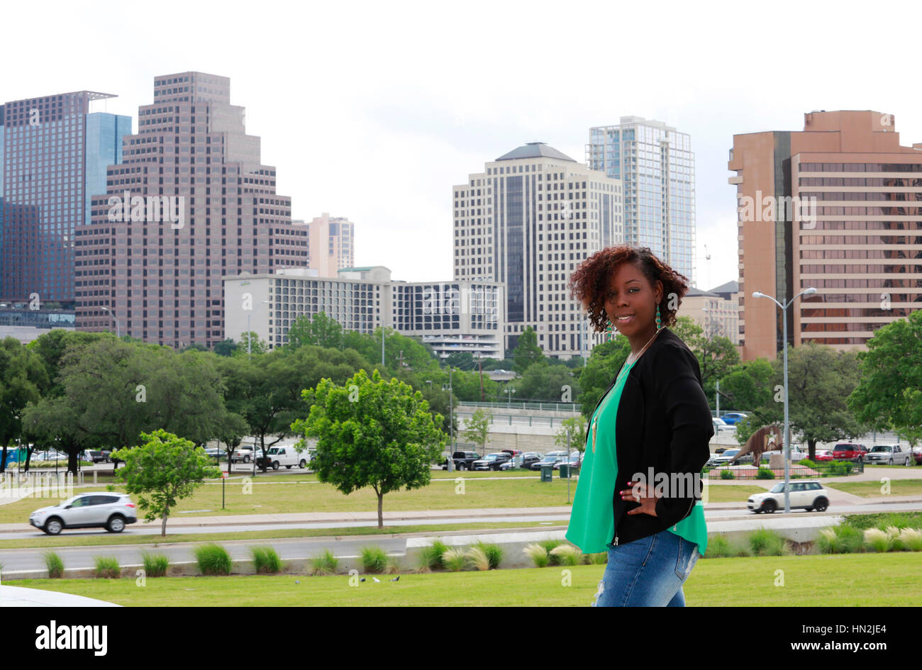 Portrait of Beautiful African American woman on downtown Austin, Texas ...
