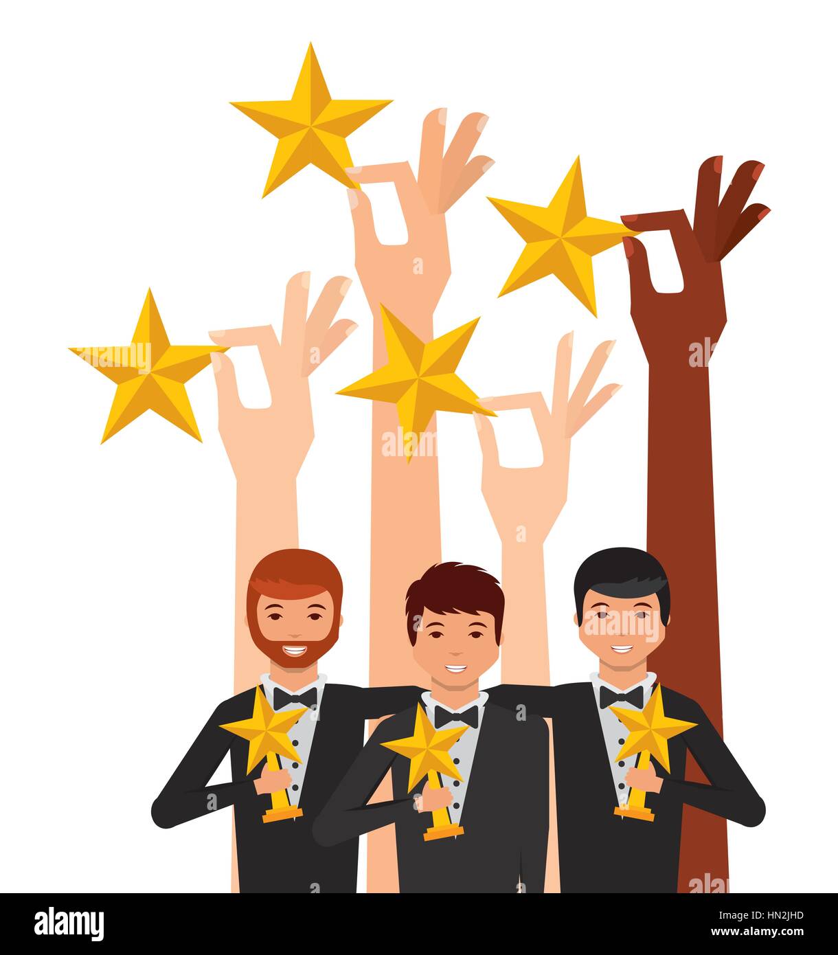 hands holding a golden stars and group of actors with star trophies ...