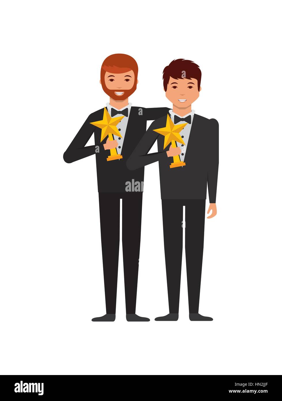 group of actors with star trophies over white background. colorful ...