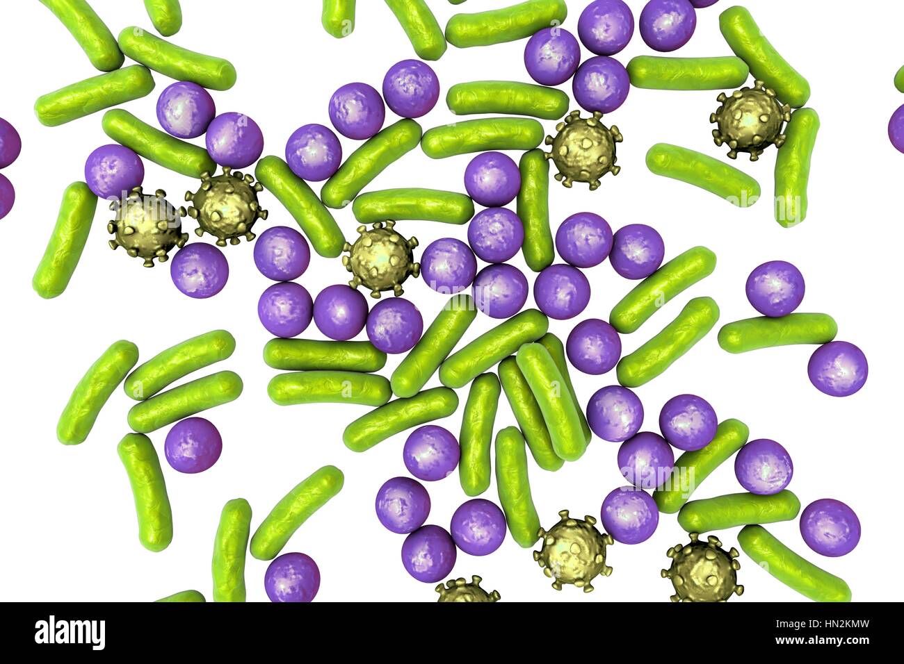 Various microbes of different shapes, computer illustration. Mixture of ...
