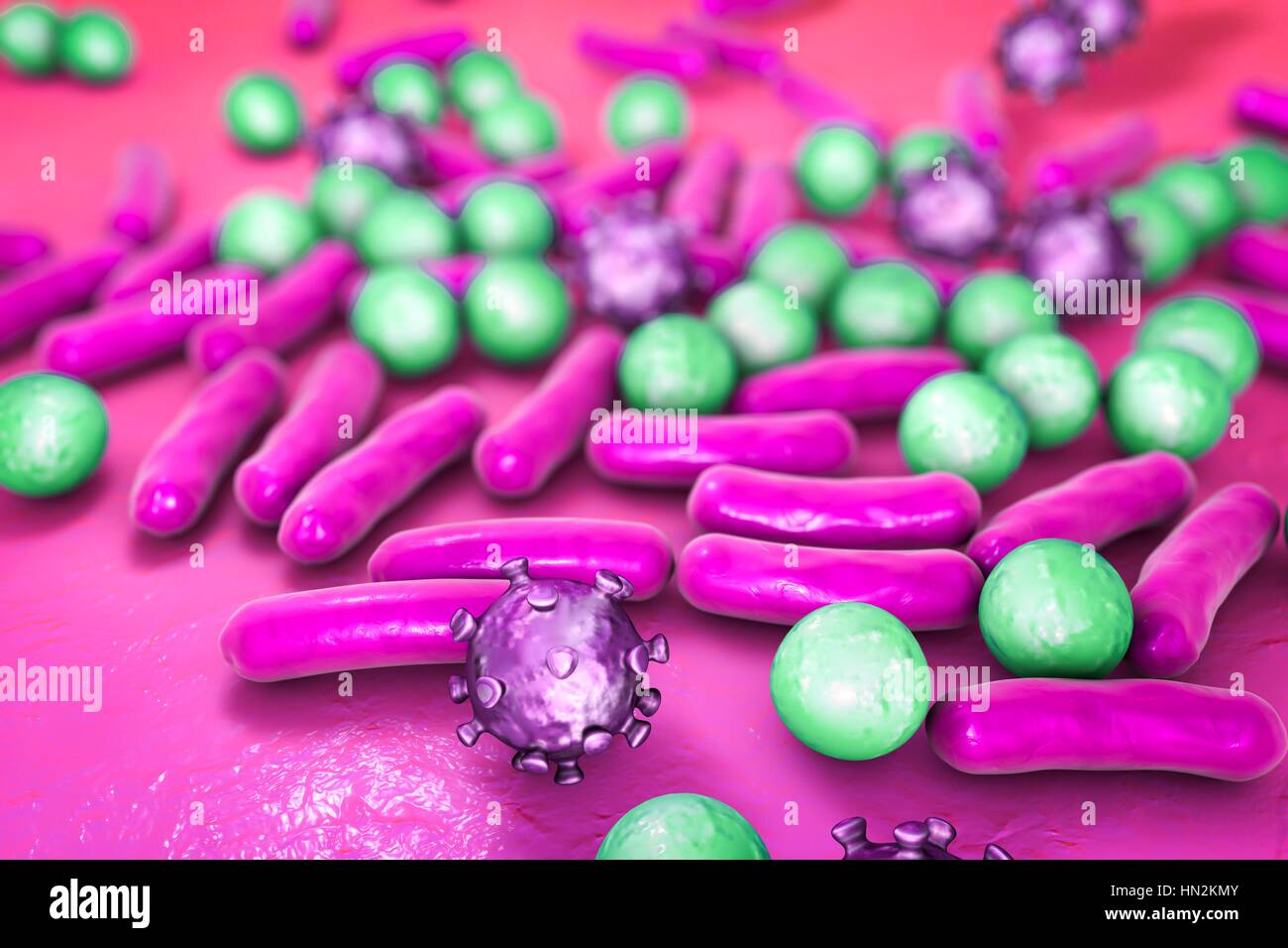 Various microbes of different shapes, computer illustration. Mixture of ...