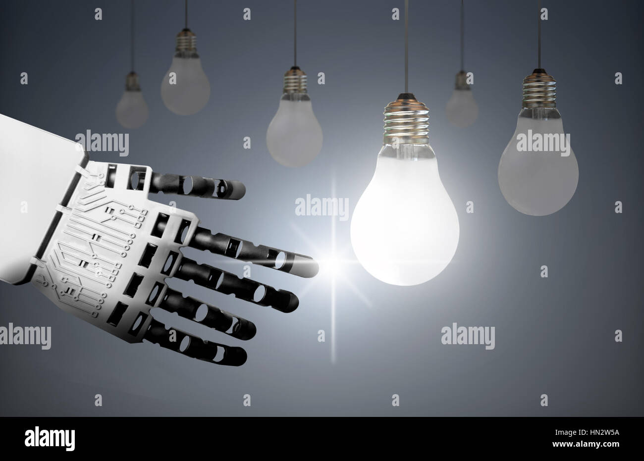 Robots hand touching a lit bulb creating a spark Stock Photo - Alamy