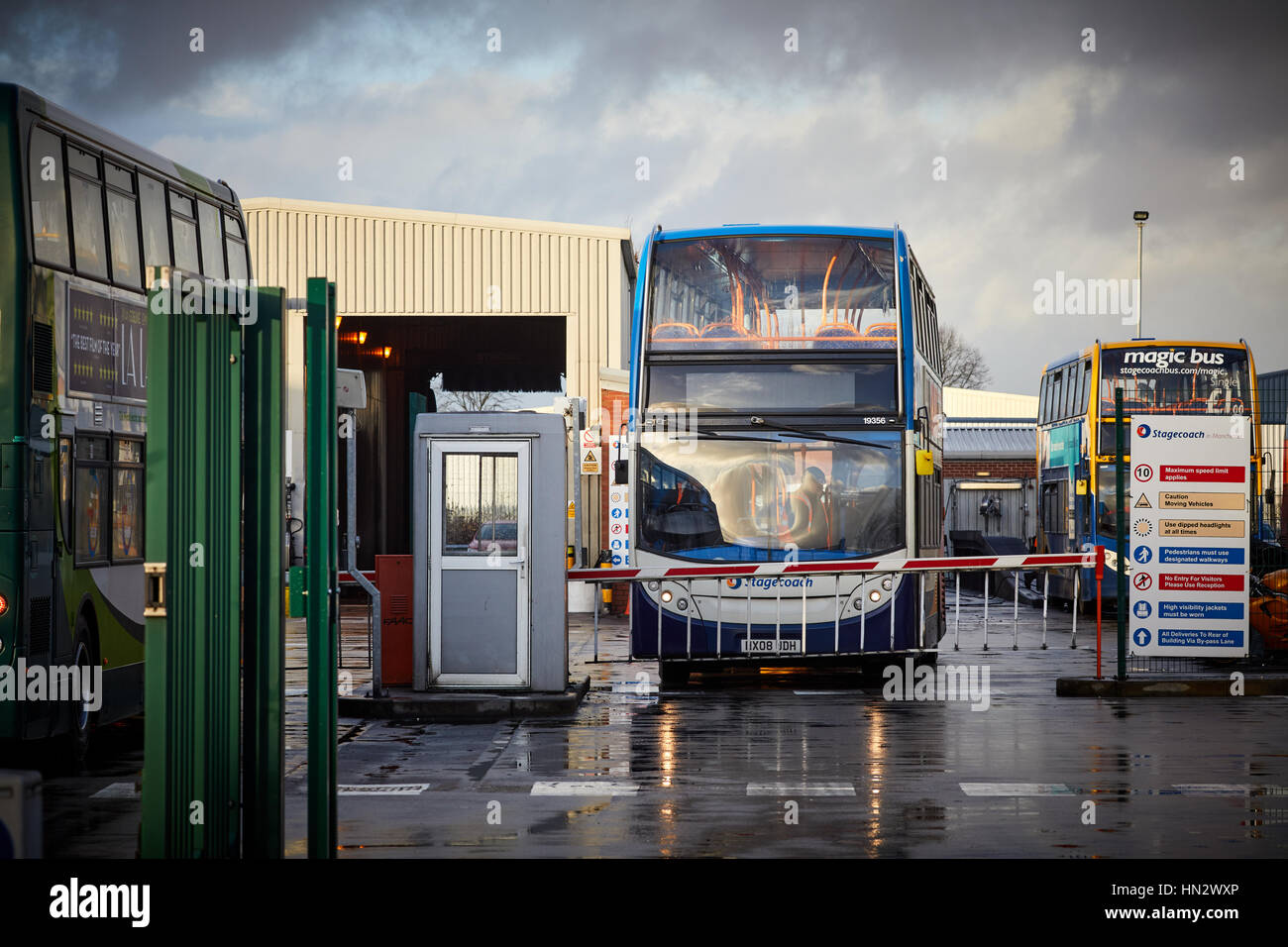 A double decker bus leaving Stagecoach bus operators Wythenshawe depot ...