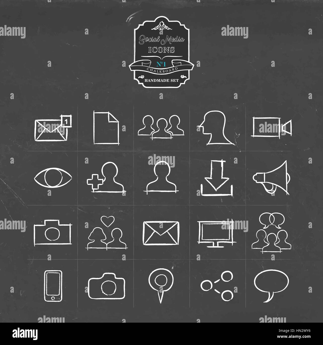 Social media hand drawn chalkboard icon collection, set of internet ...