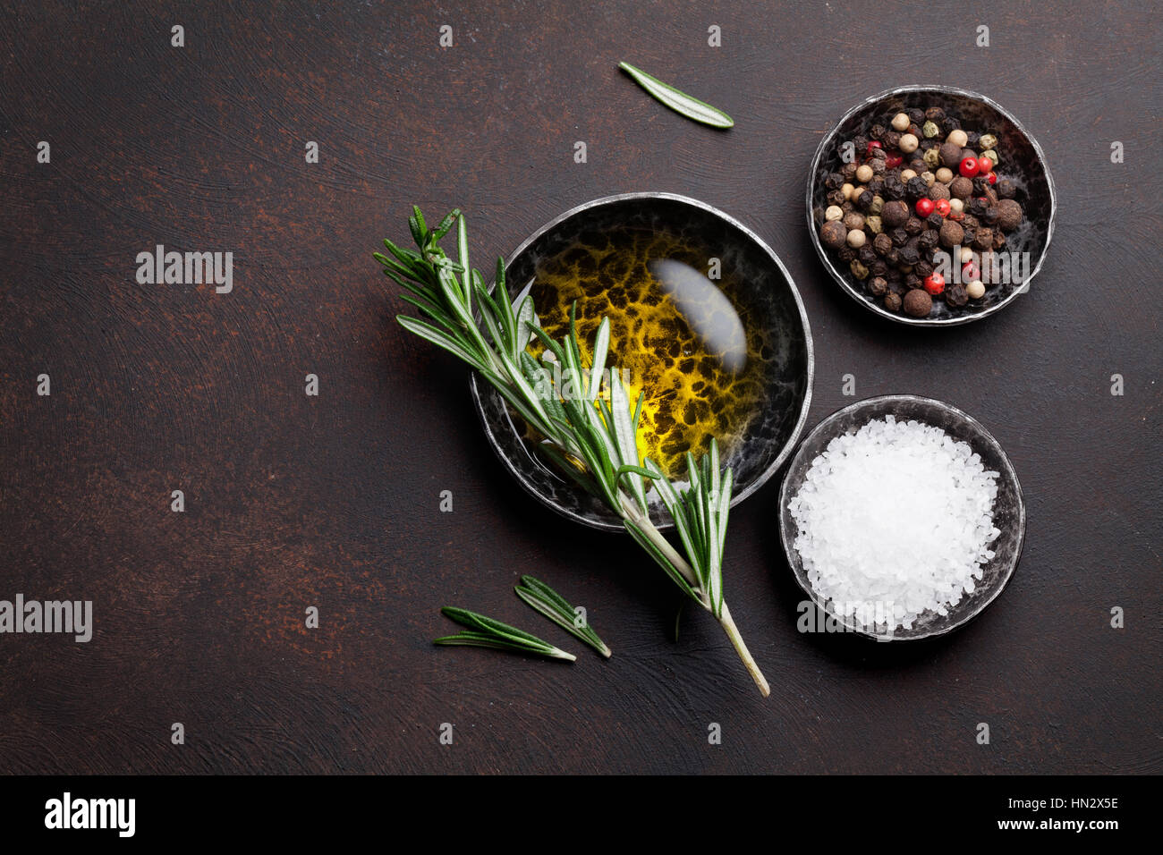 Cooking table with herbs and spices. Top view with copy space for your ...